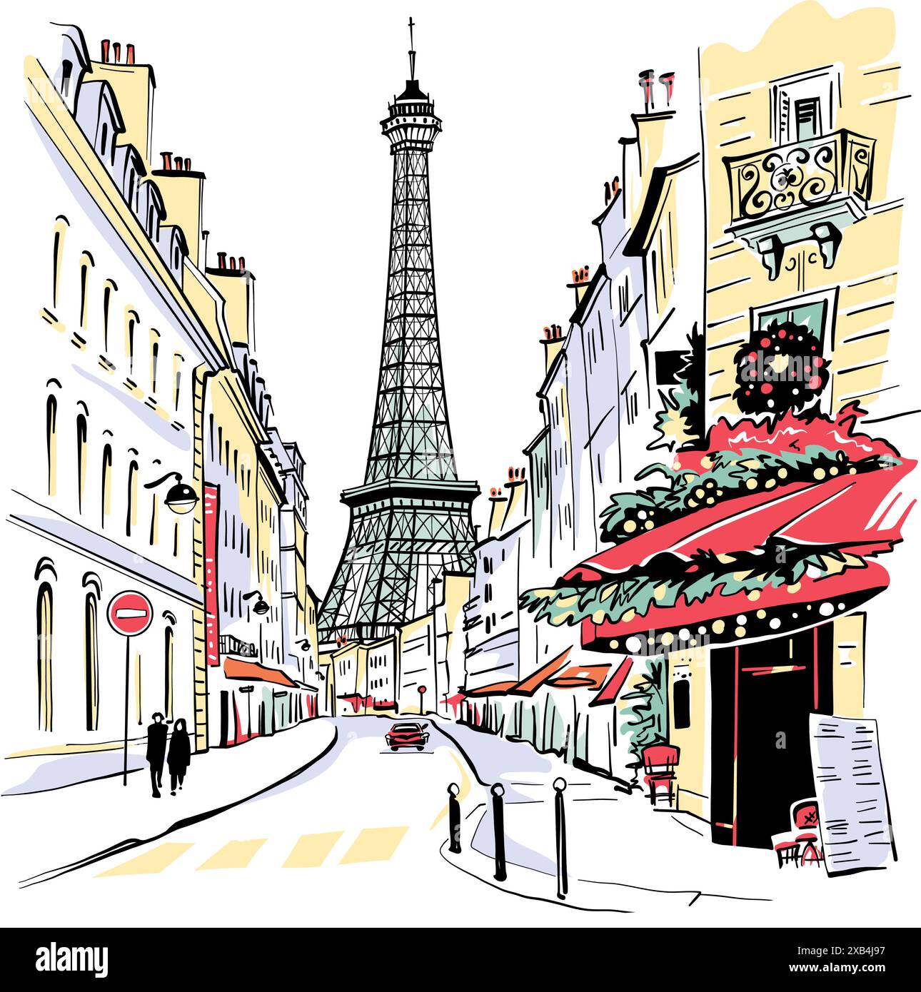Vector illustration of Paris street with street cafe and Eiffel Tower ...