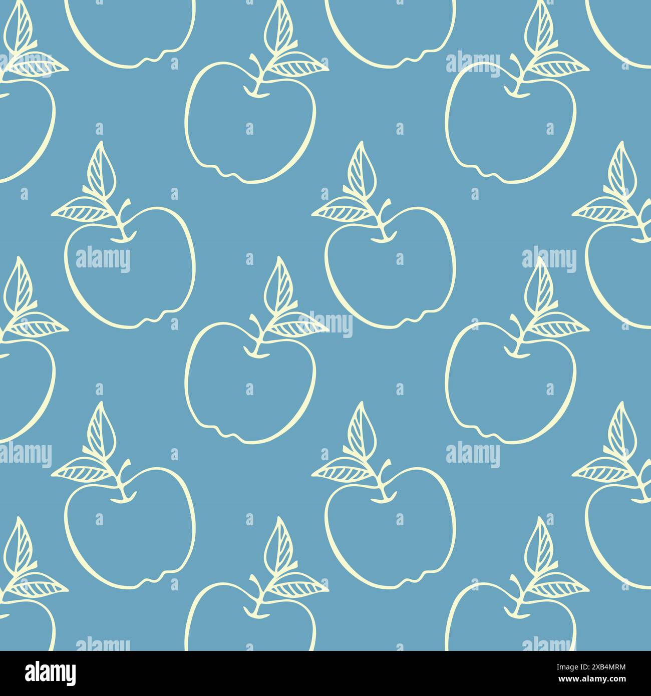Pattern with apples, hand drawn, white outline, on blue background ...