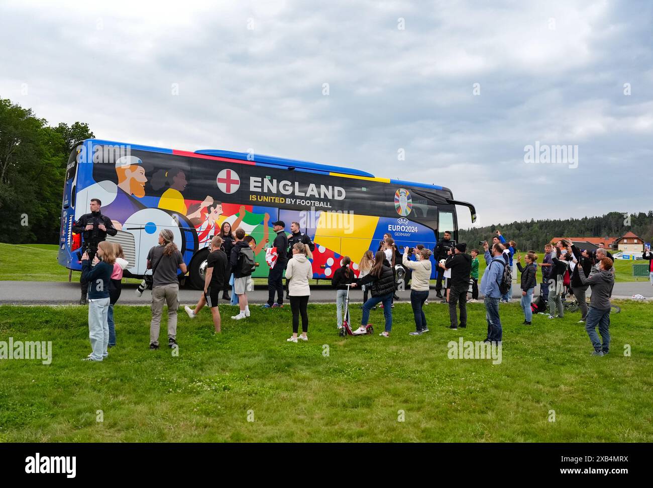 The England team bus arrives at their training base, the Spa & Golf ...