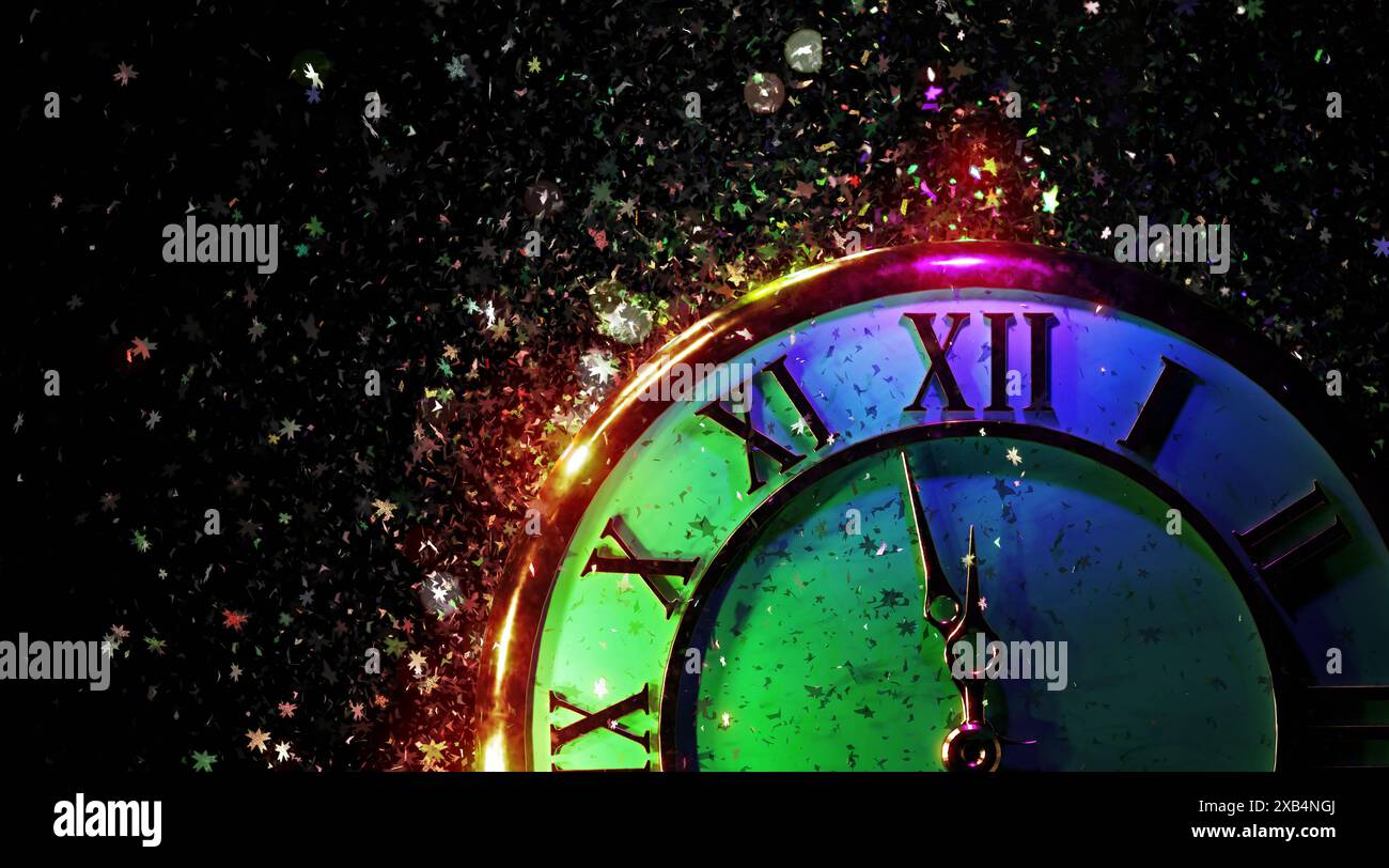 New Year clock. Abstract background with colorful hands of clock ...