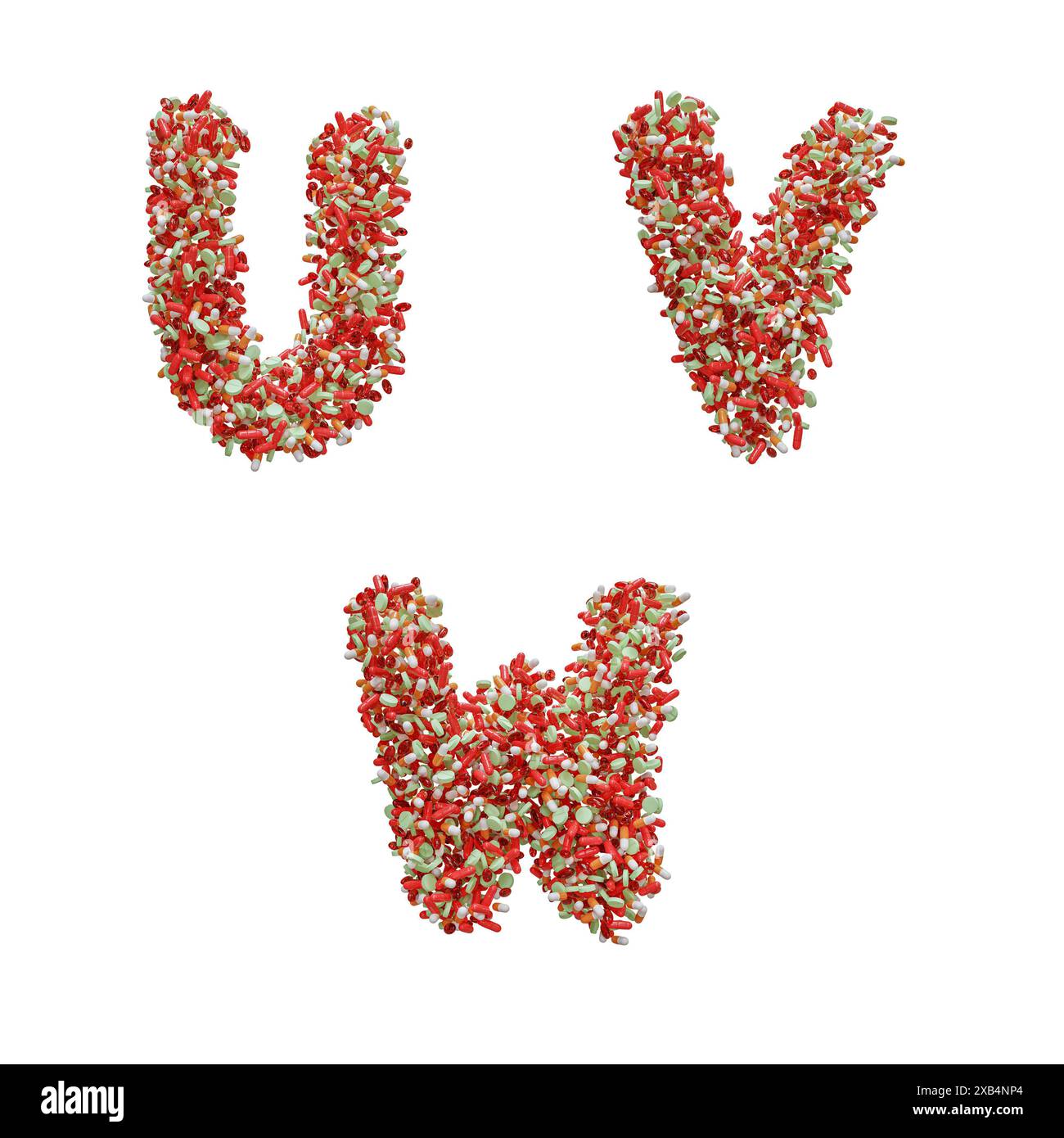 3d rendering of medical pill capital letter alphabet - letters U-W ...
