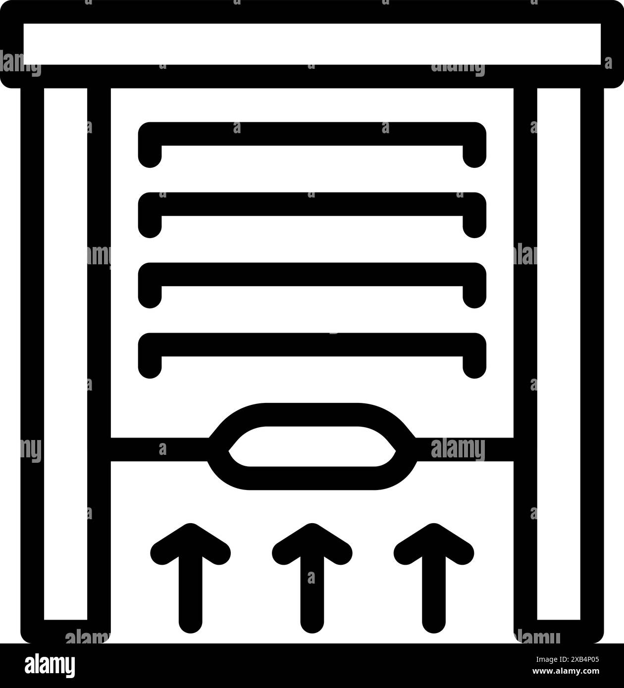 Line art icon of a garage door opening with arrows pointing up to show ...