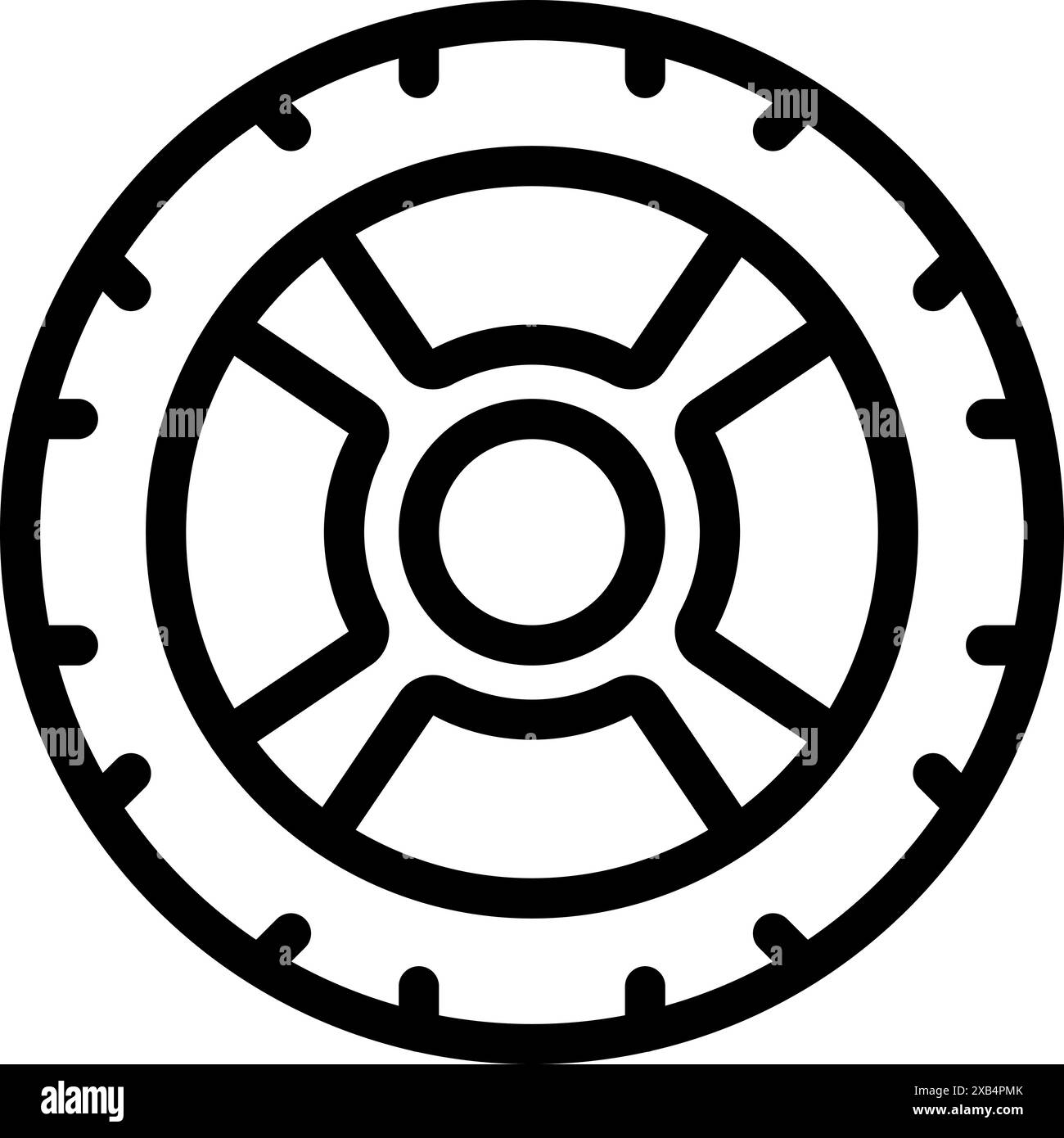 Simple black outline icon of a car tire with spokes showing ...
