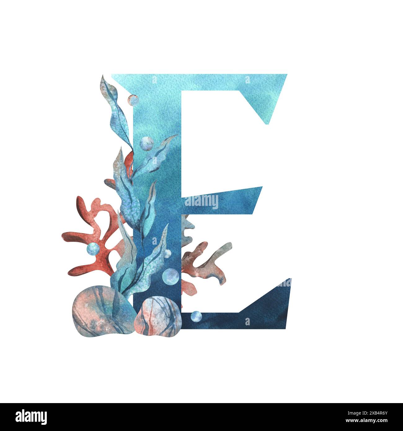 Capital letter E, part of the Latin alphabet decorated in a wet theme ...
