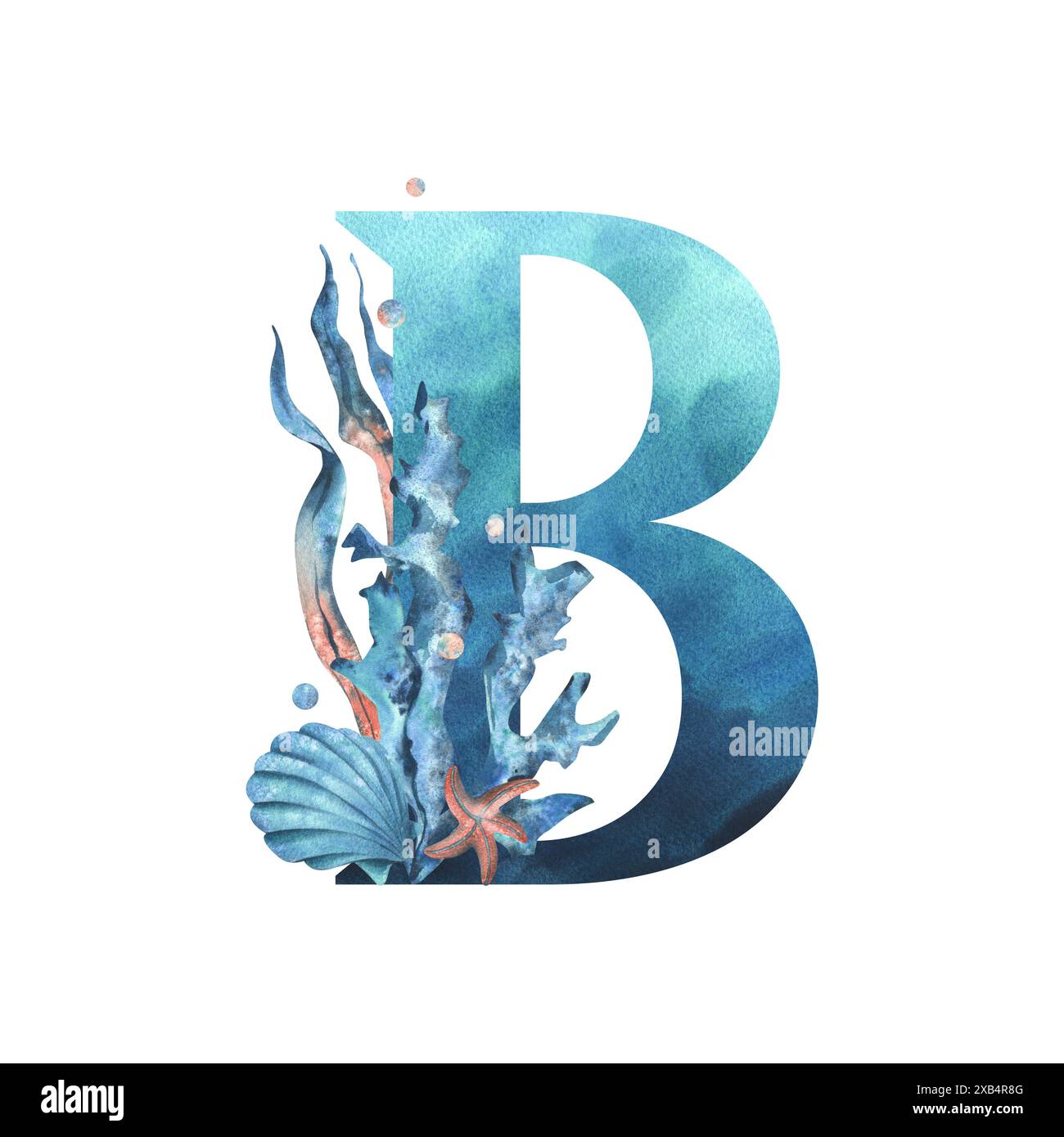 Capital letter B, part of the Latin alphabet decorated in a wet theme ...
