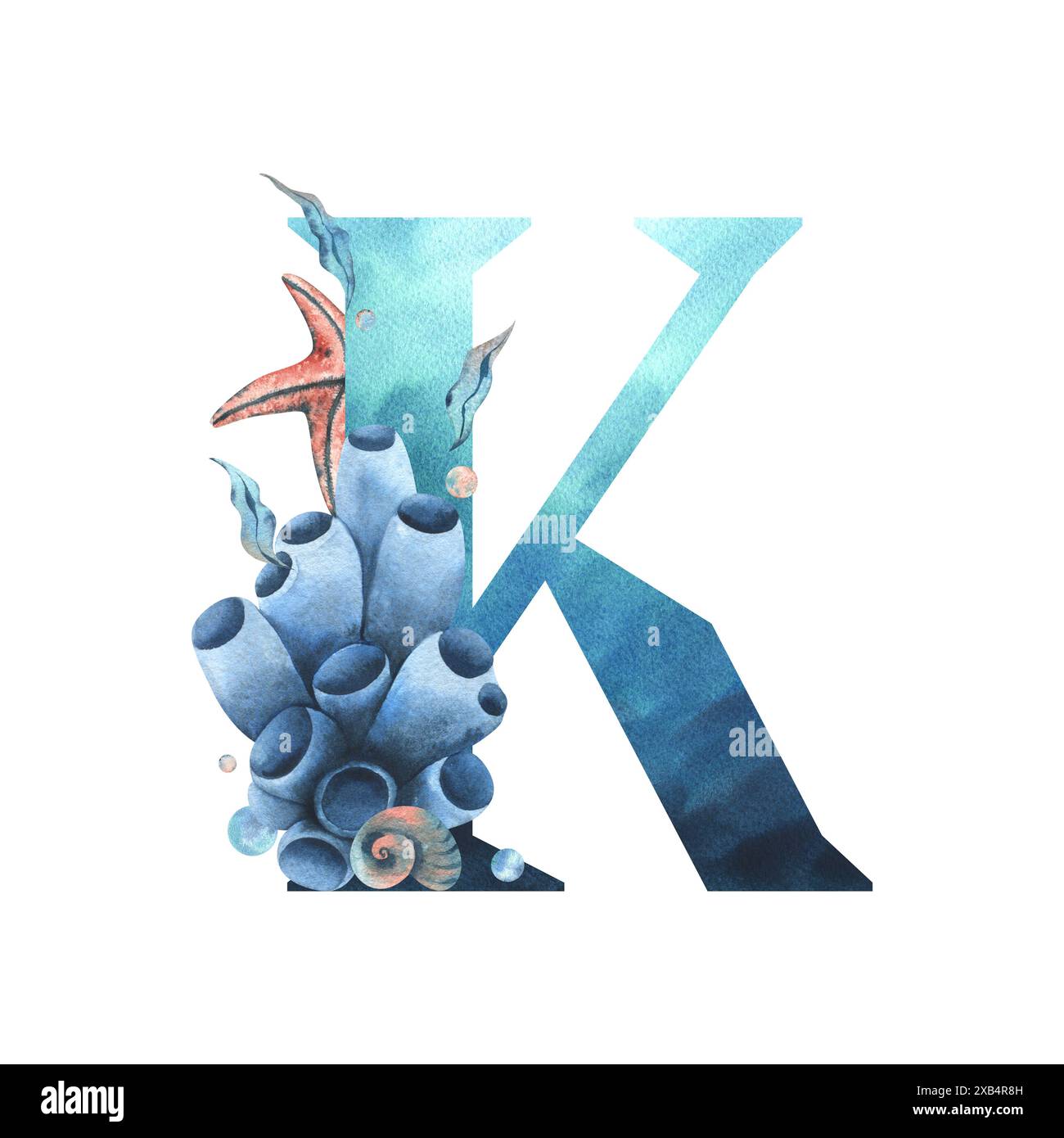 Capital letter K, part of the Latin alphabet decorated in a wet theme ...