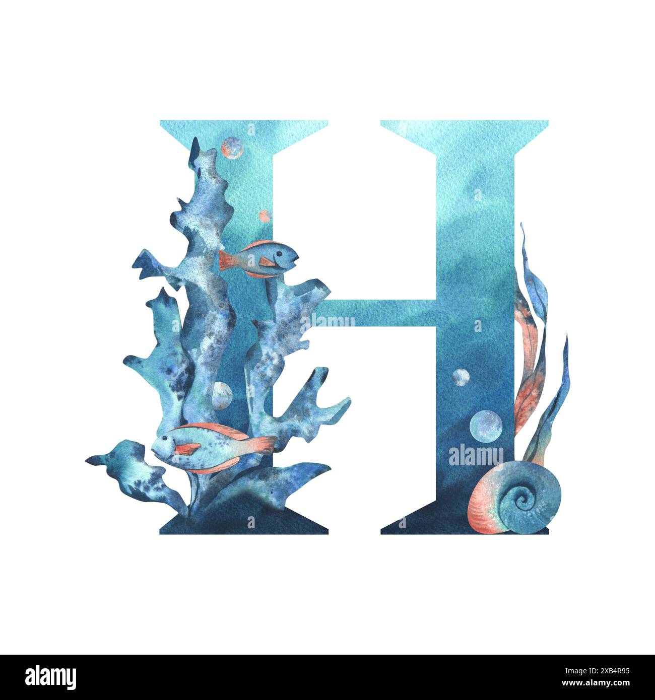 Capital letter H, part of the Latin alphabet decorated in a wet theme ...