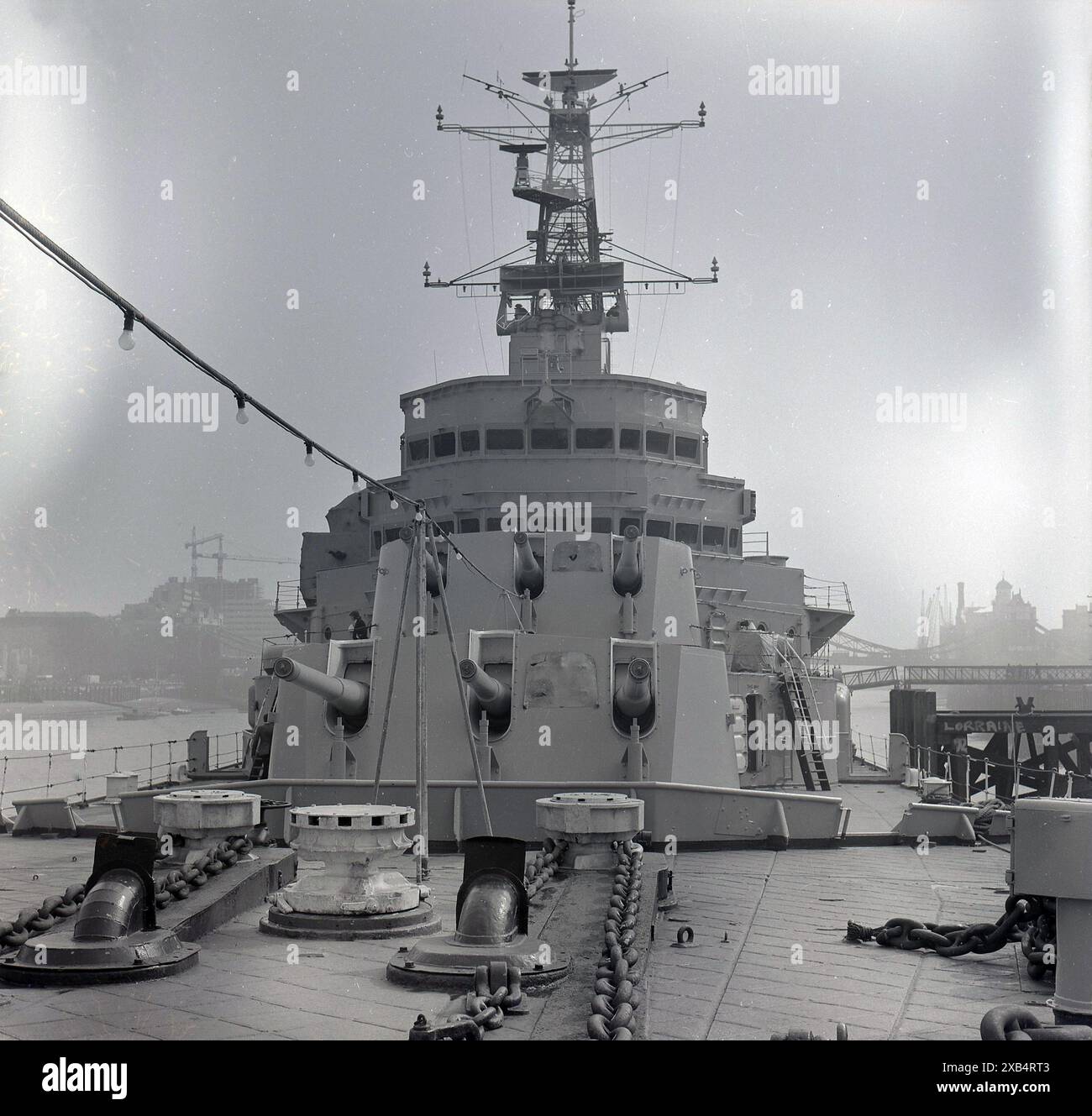 1970s, historical, warship, front view, river Thames, London, England ...