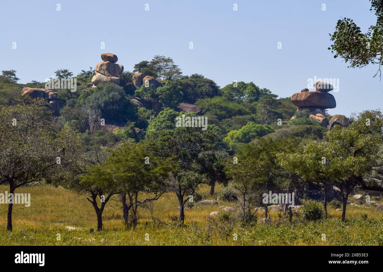 African bush landscape with natural balancing rocks, Zimbabwe, 2024 ...