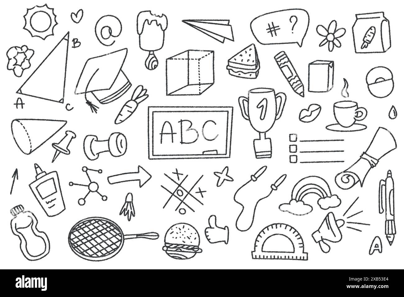 Set of doodle elements back to school. White student stationery on a ...