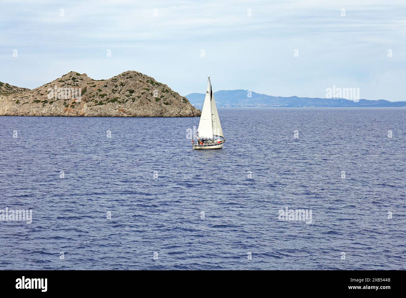 Sailing boat off the coast of Symi Island, Dodecanese, Greece, Europe ...
