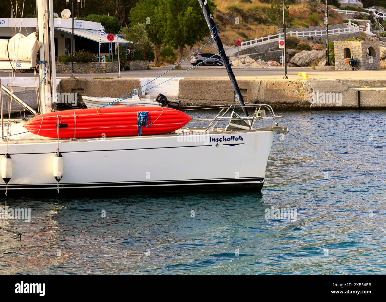 Yacht named the Inchallah, Livadia harbour, Tilos Island, Greece. Taken ...