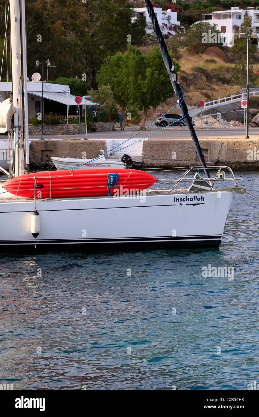 Yacht named the Inchallah, Livadia harbour, Tilos Island, Greece. Taken ...