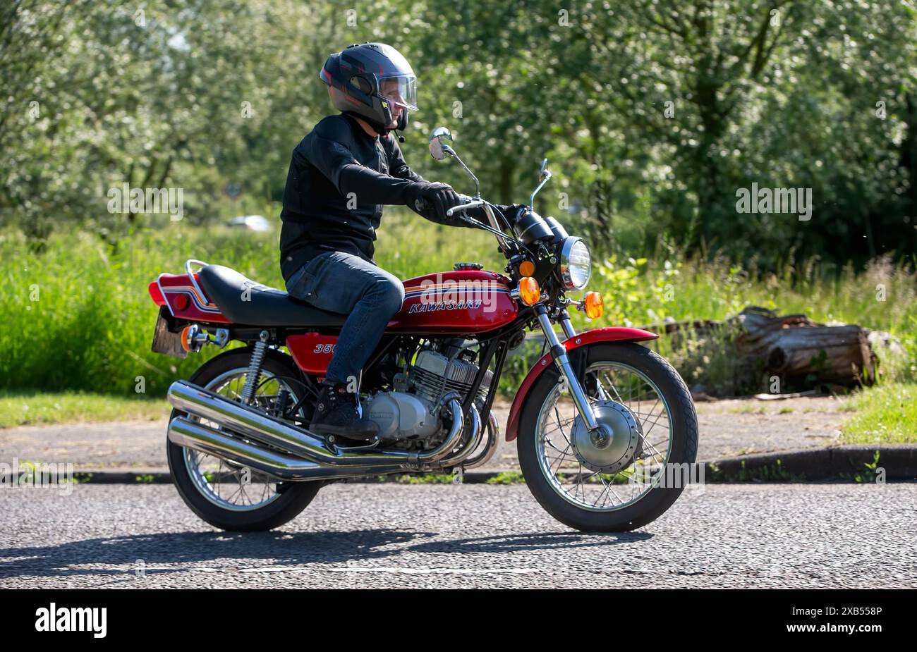 Stony Stratford,UK - June 2nd 2024: 1972 maroon Kawasaki S2 motorcycle ...
