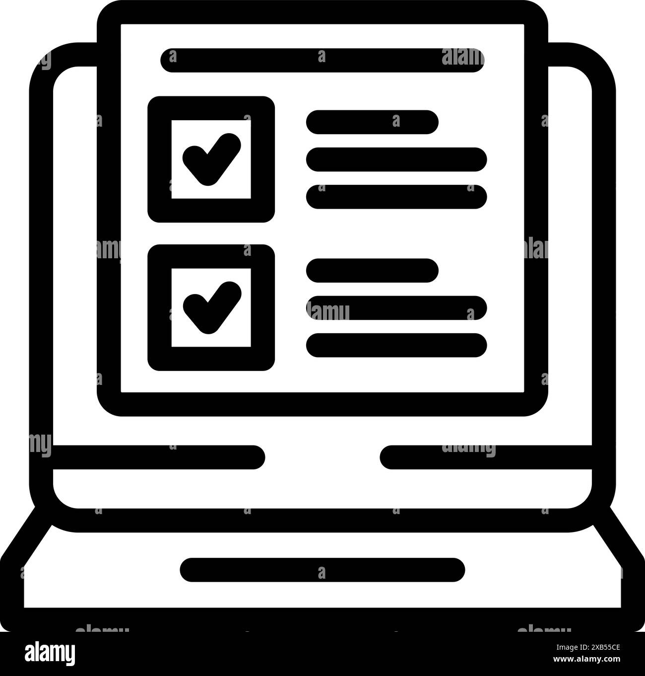 Simple icon of a laptop displaying a survey being filled out with two ...