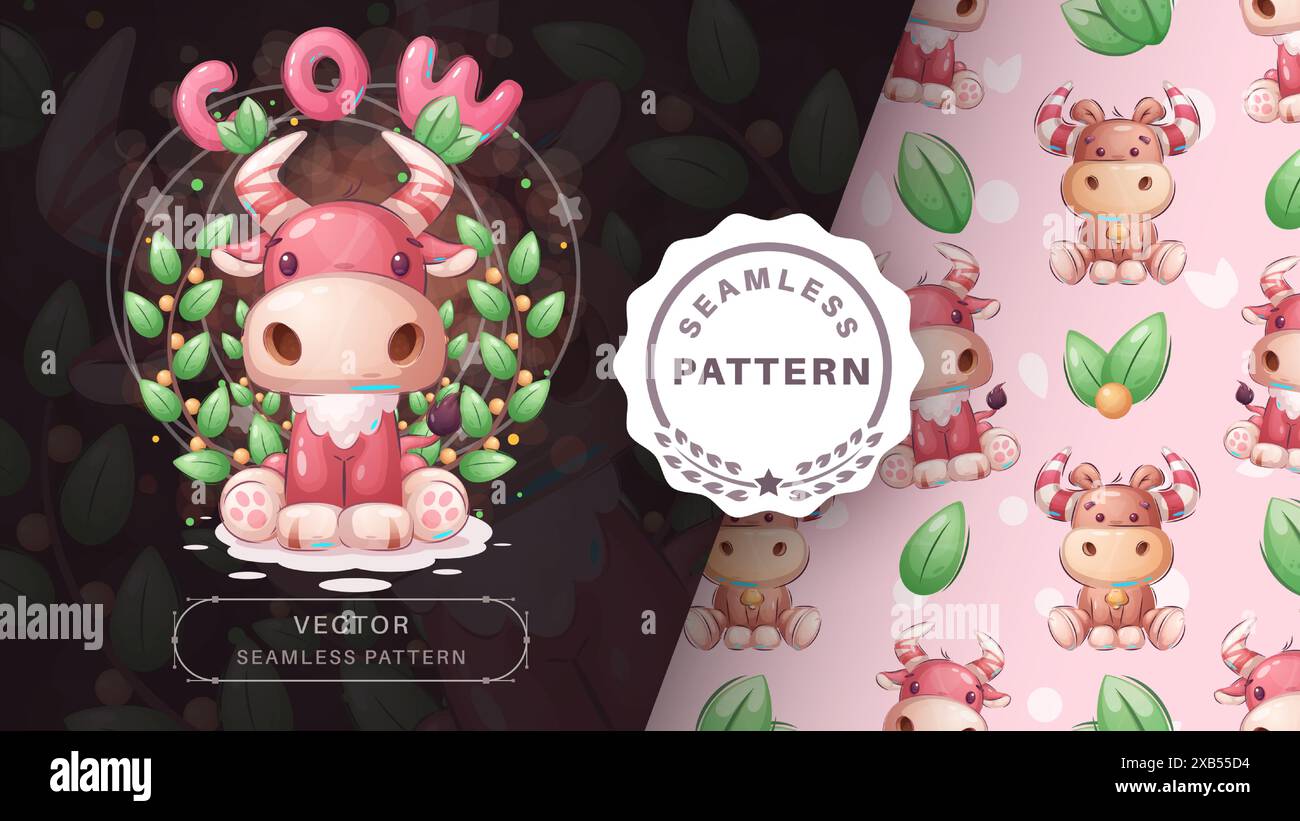 Seamless pattern cartoon character adorable cow, pretty animal idea for ...