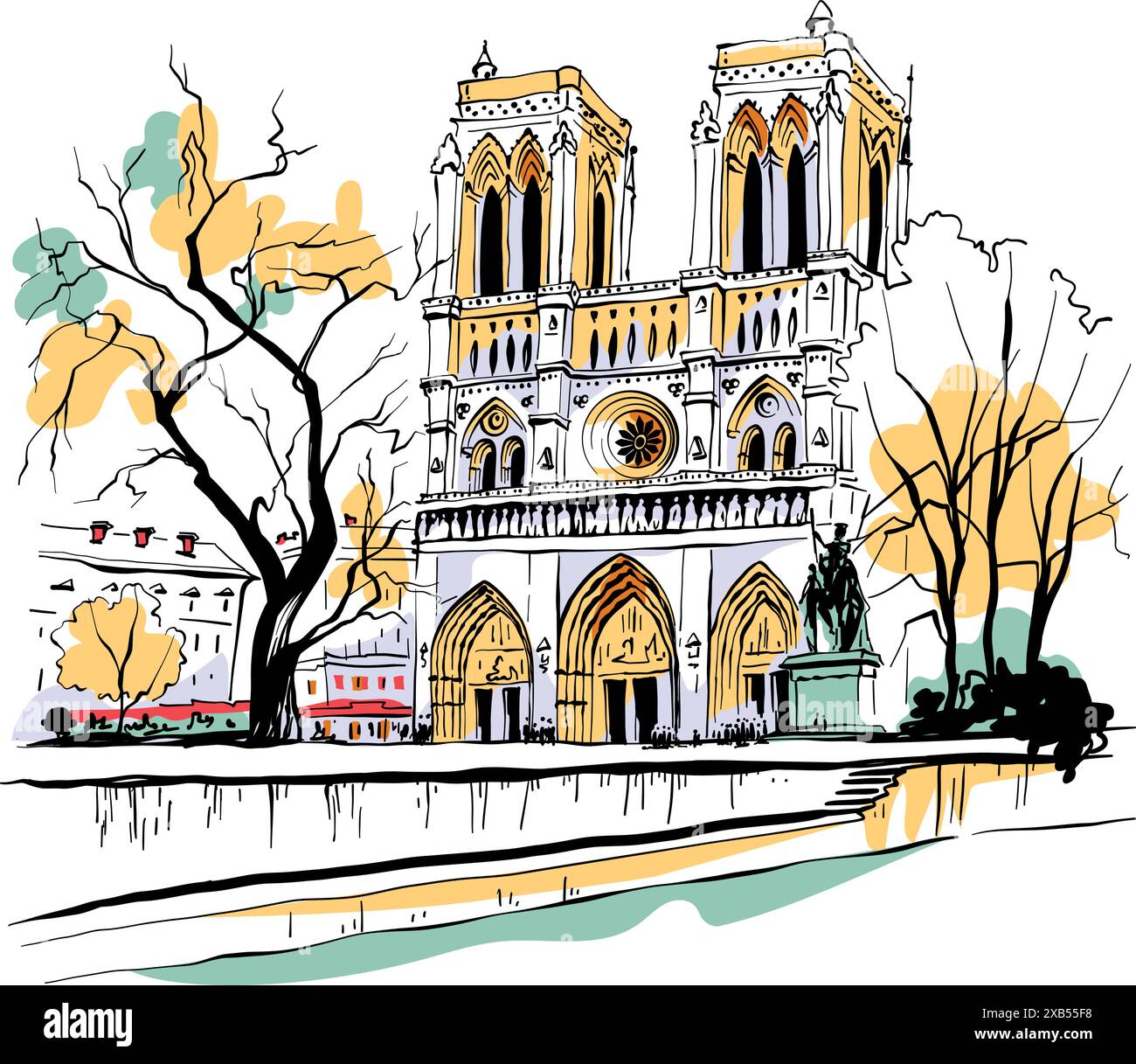 Illustration of Notre-Dame Cathedral in Paris, France, showing gothic ...