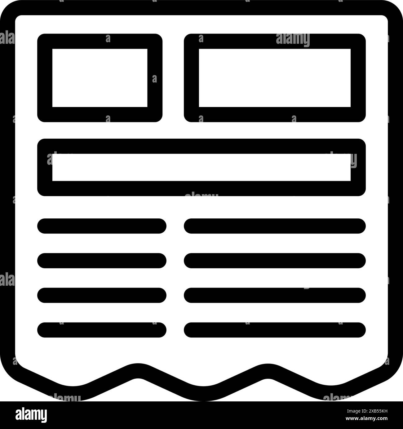 Black outline icon representing a newspaper with title, subtitle ...