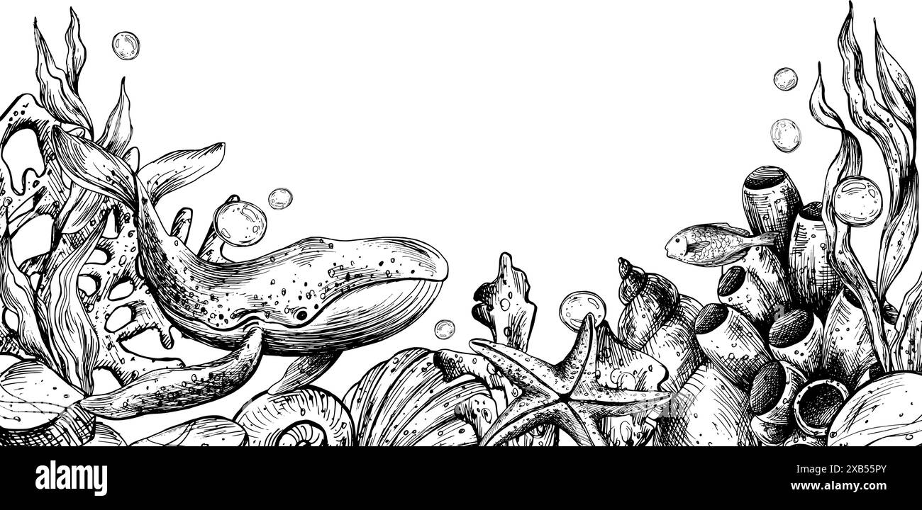 Underwater world clipart with sea animals whale, turtle, octopus ...