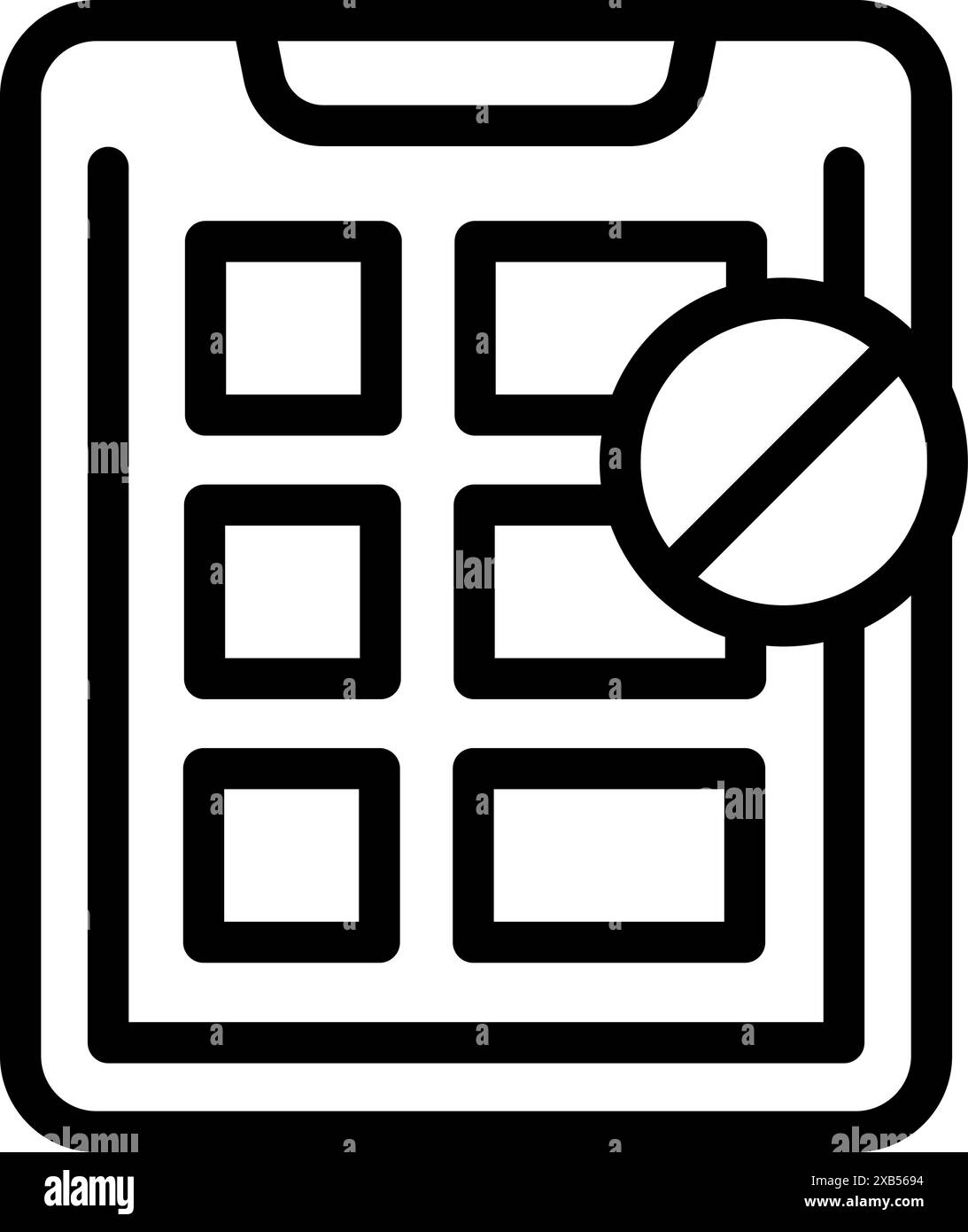 Simple, bold, black and white icon of a smartphone with a blocked app ...