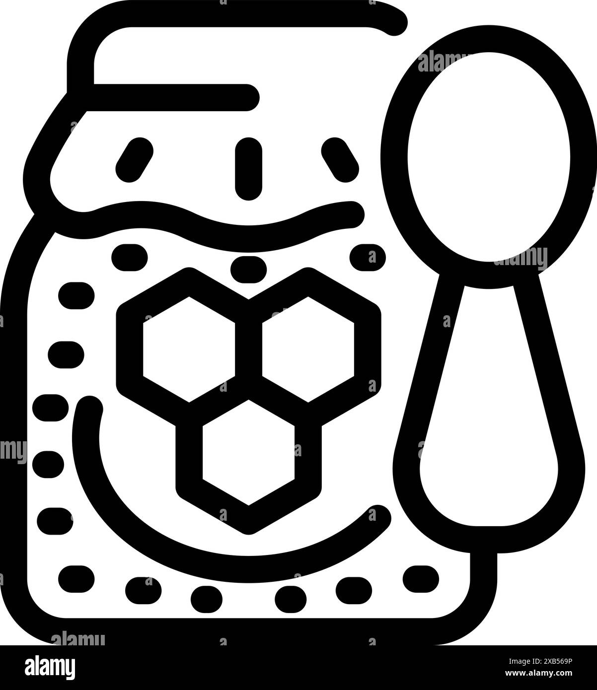 Line drawing of an open honey jar with a honeycomb pattern and a dipper ...