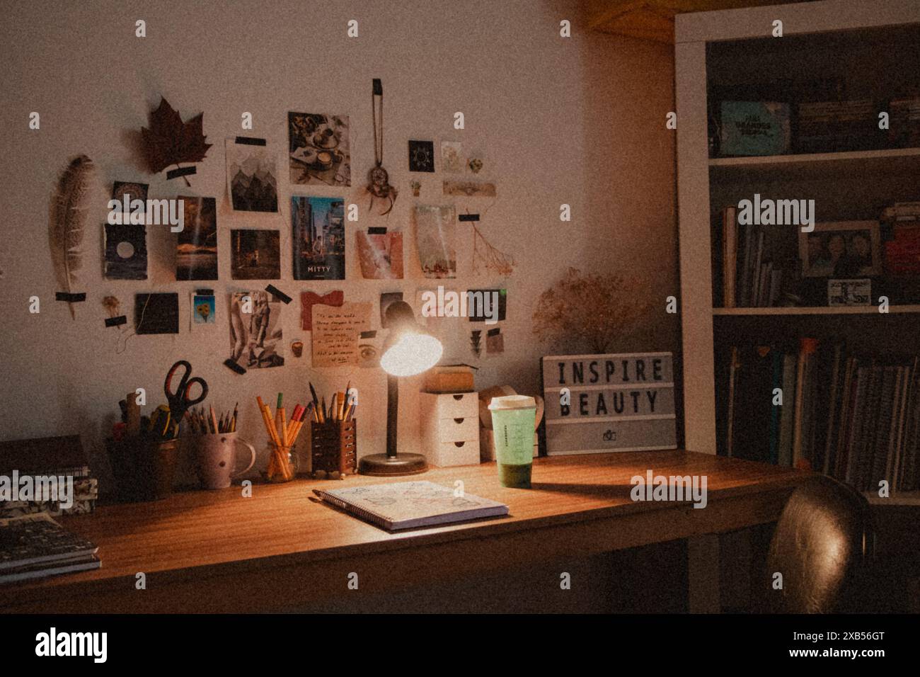 cozy decorated desk at night Stock Photo - Alamy