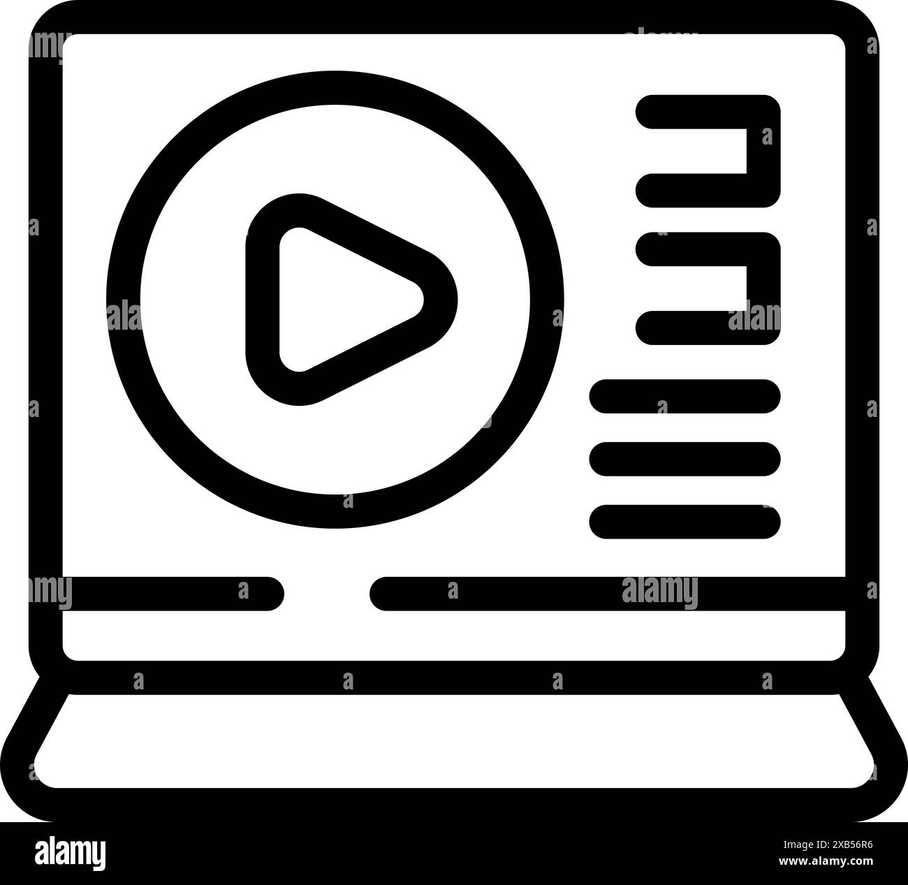 Simple icon of a laptop displaying a video player interface, featuring a prominent play button ...