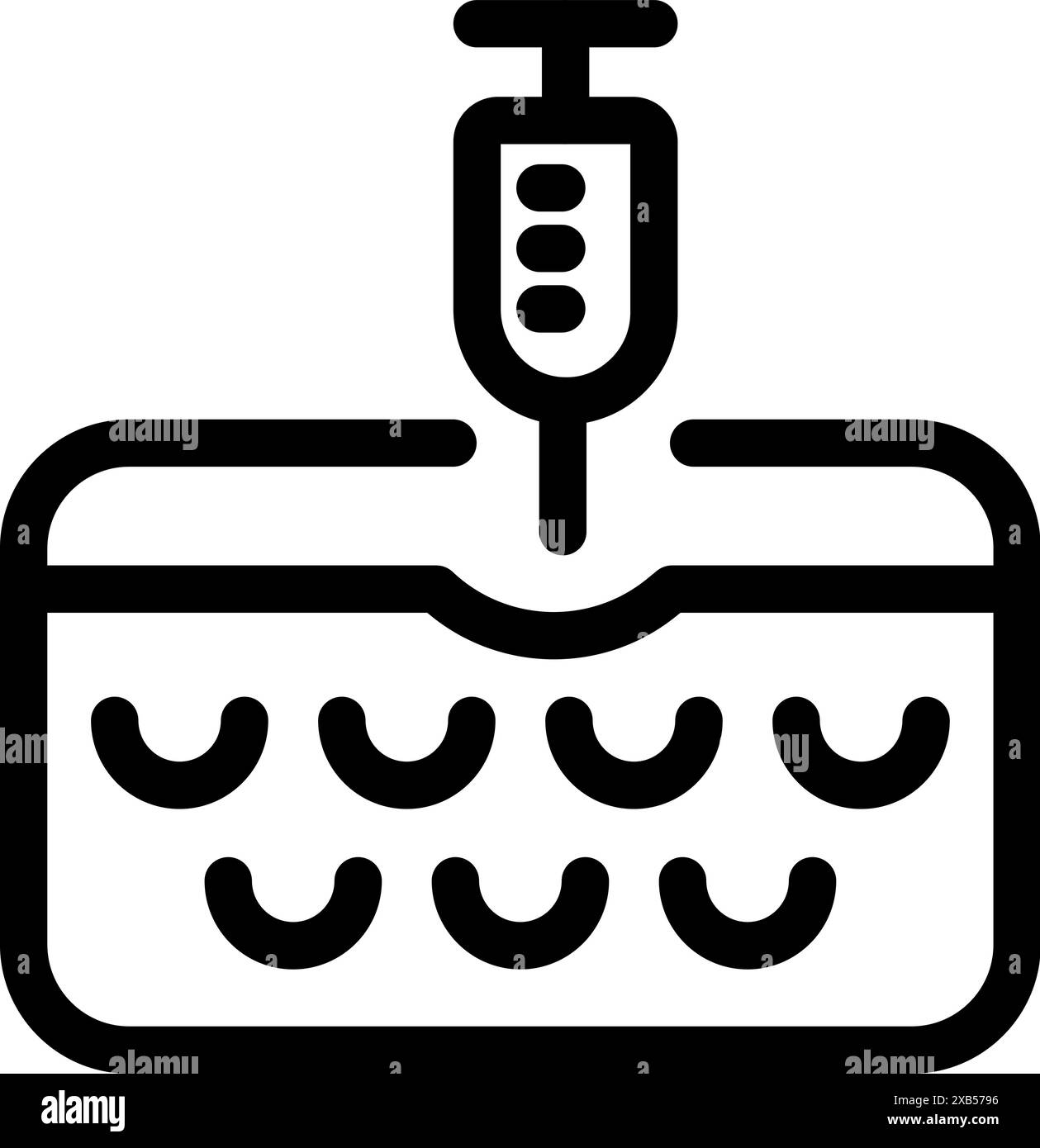 Black outline on white background icon of a syringe injecting a ...