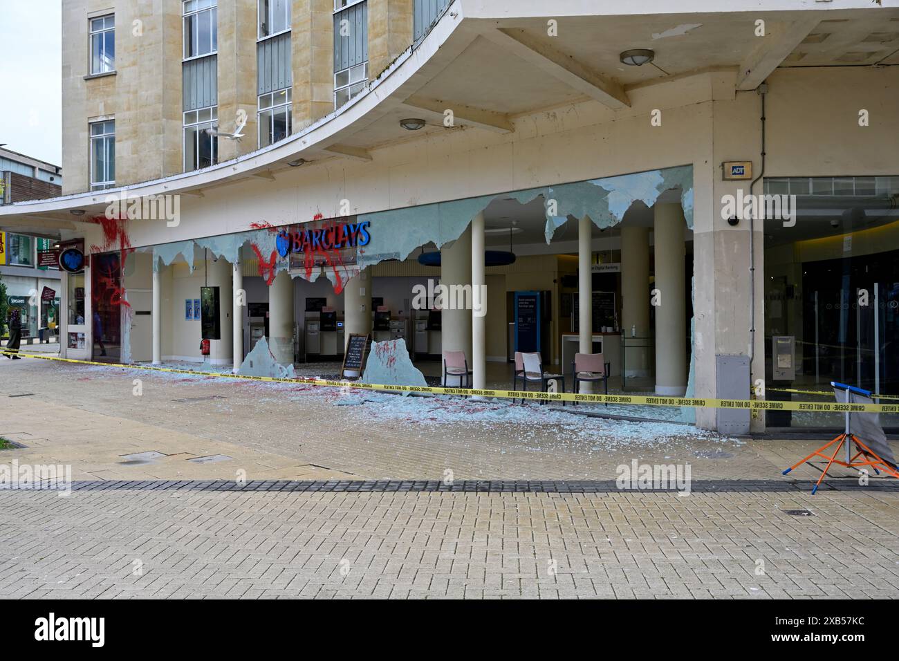 Barclays Bank all windows smashed and red paint splashed on building ...