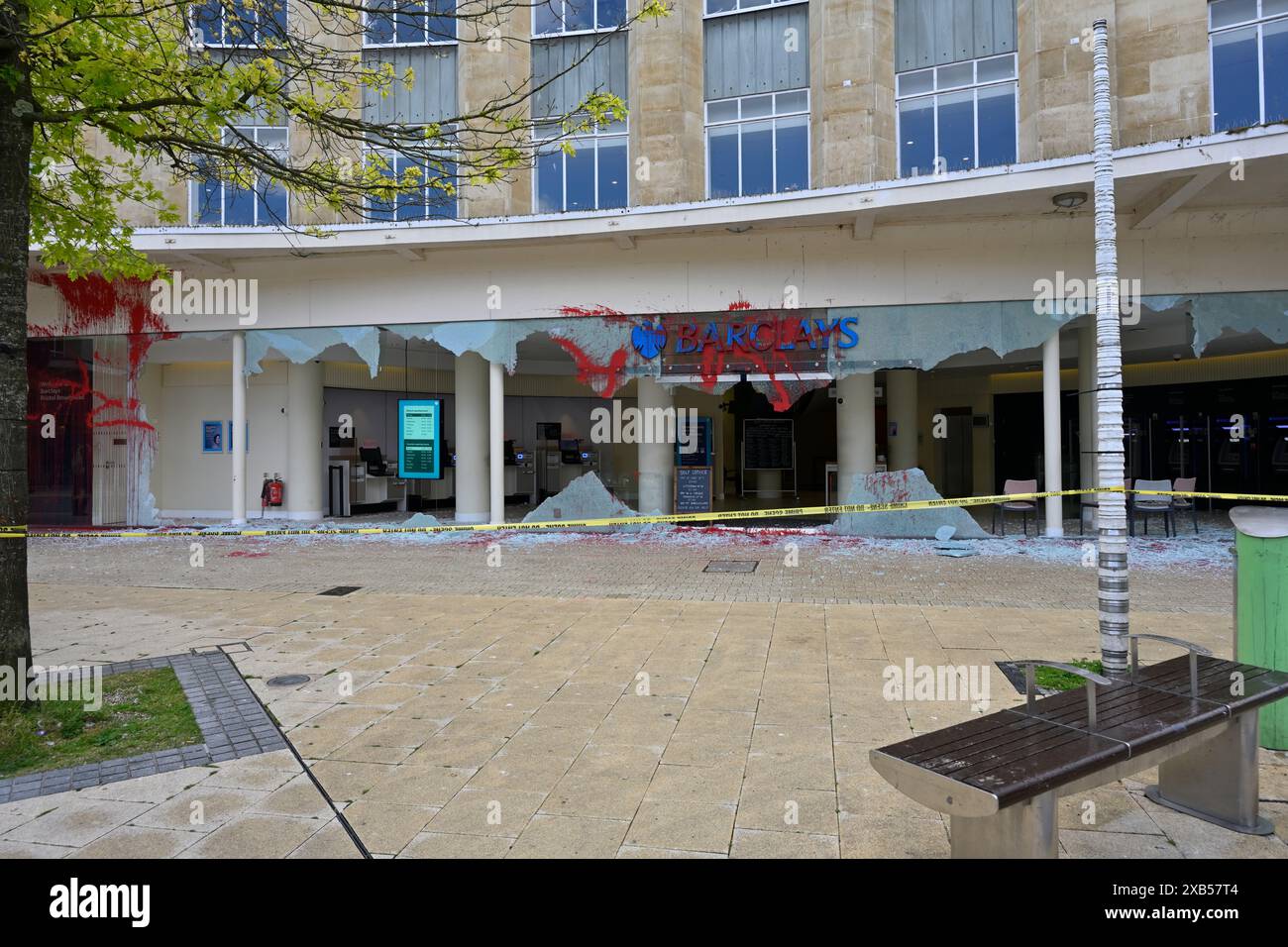 Barclays Bank all windows smashed and red paint splashed on building ...