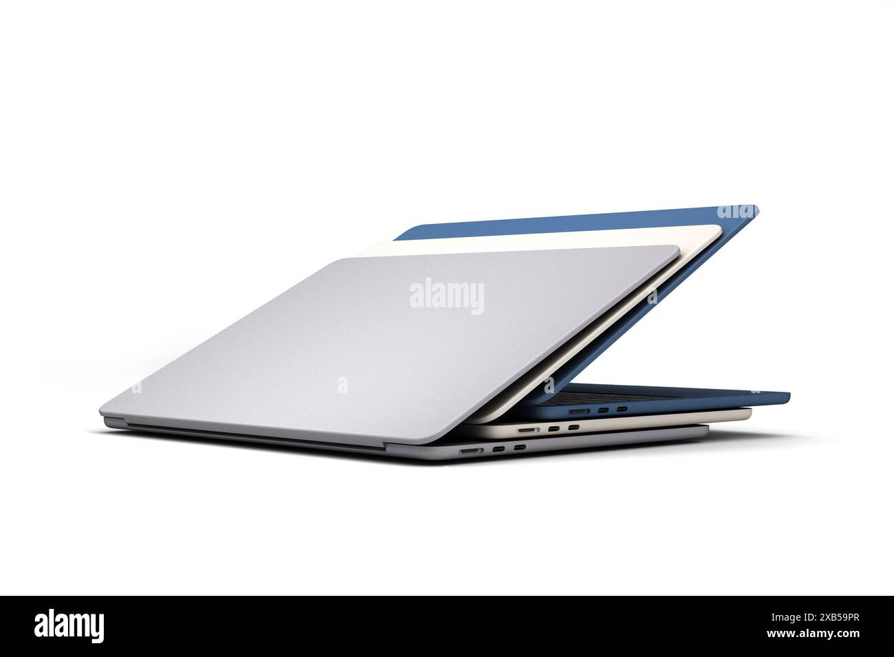 new different color open laptops presentation front view 3d render on ...
