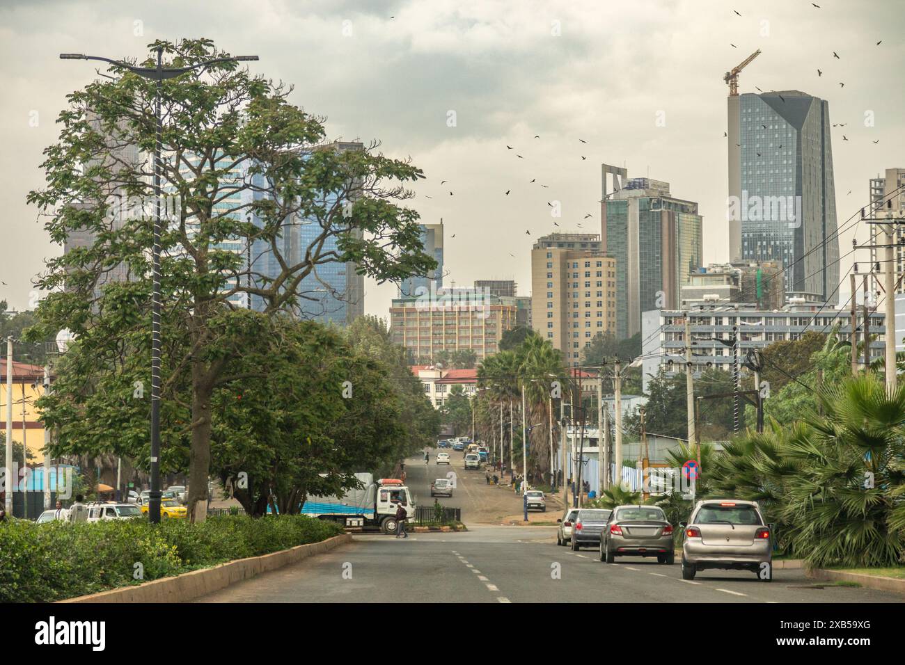 Wide avenue and the road full of cars with rapidly developing downtown ...