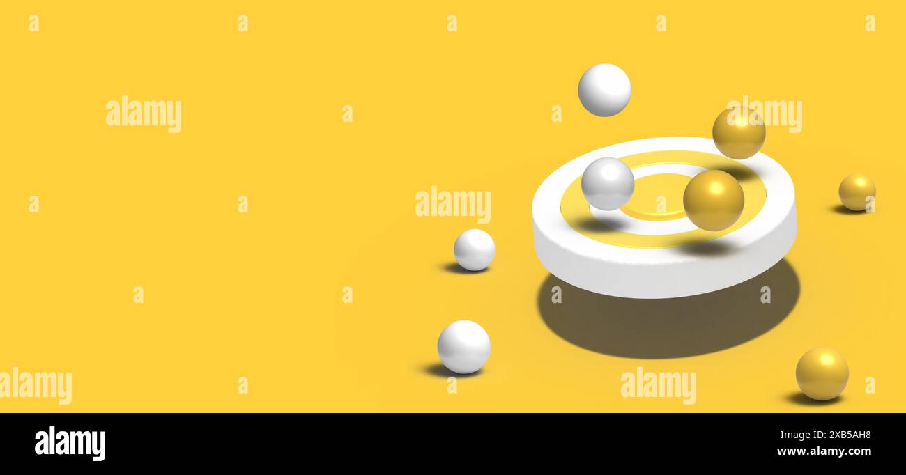 Yellow target with shadow and flying white and yellow balls, 3D ...