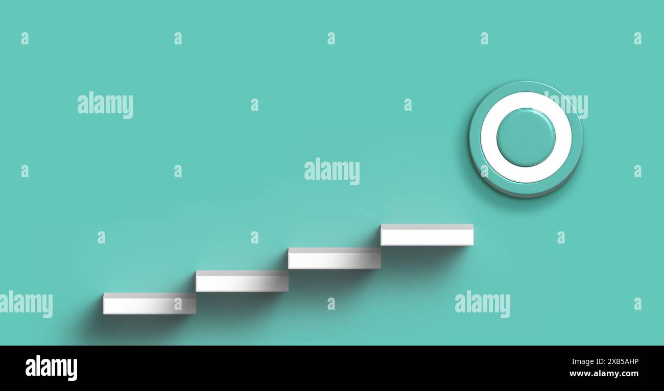 White steps on the way to a round goal on a green background, 3D ...