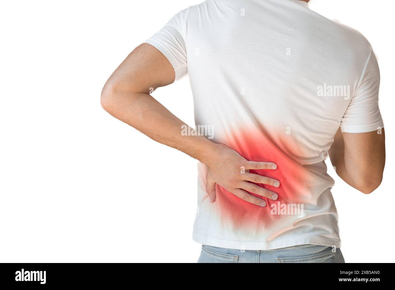 Rear view of a young man holding his back in pain isolated on white ...