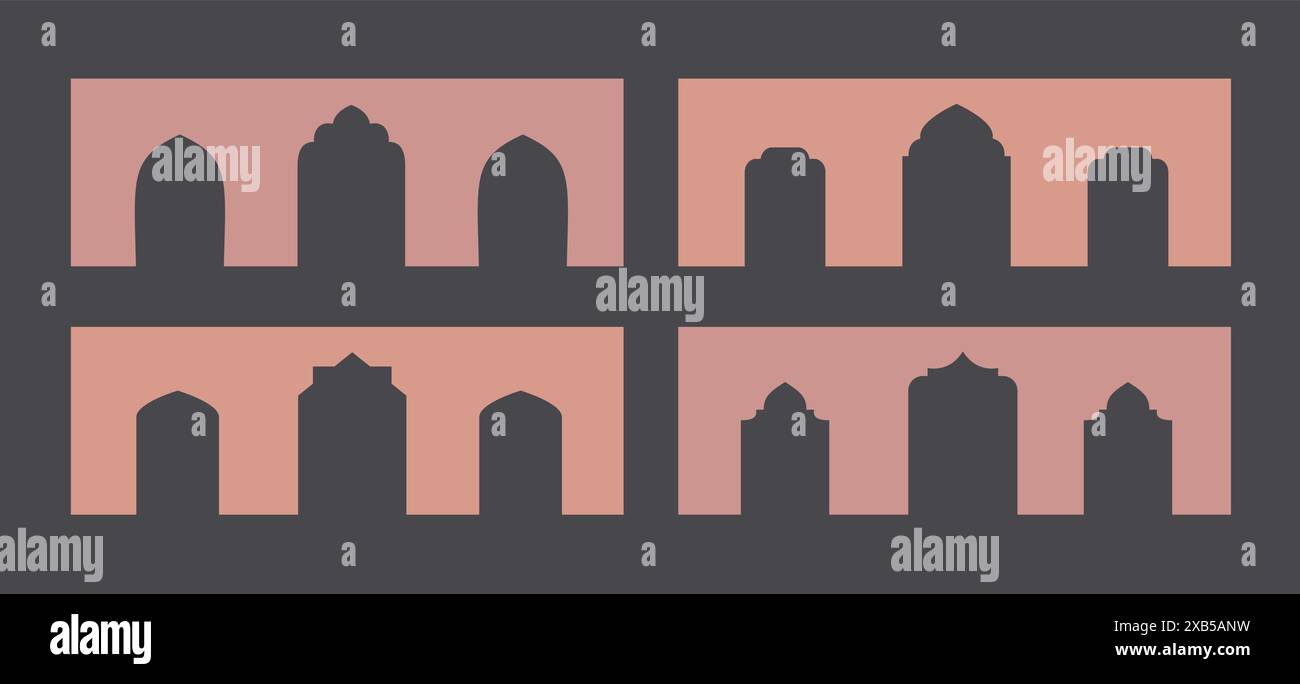 Arabic wall with window, arc, door, gate silhouette. Eastern vector ...