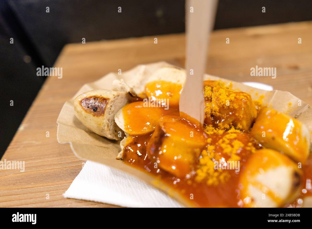 View of the world famous curry wurst, a fried pork sausage with curry ...
