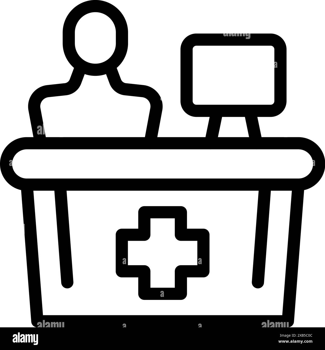 Line art icon of a medical receptionist working behind a desk with a ...