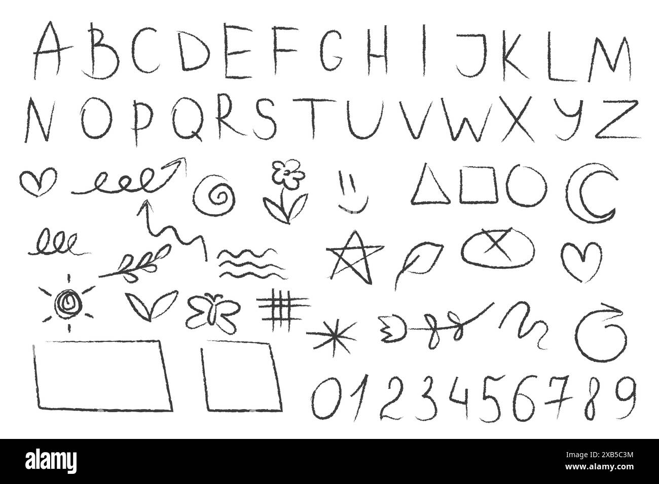 big set charcoal, chalk or wax pencil on paper. Letter, number, drawing ...