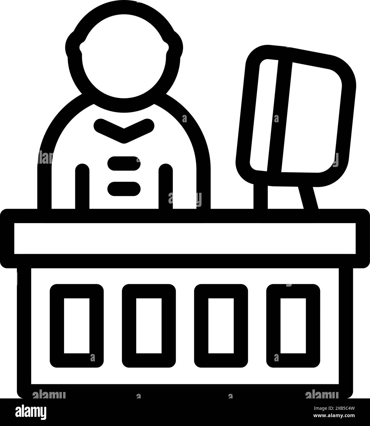 Line art icon of a bank teller working at their desk with a computer ...