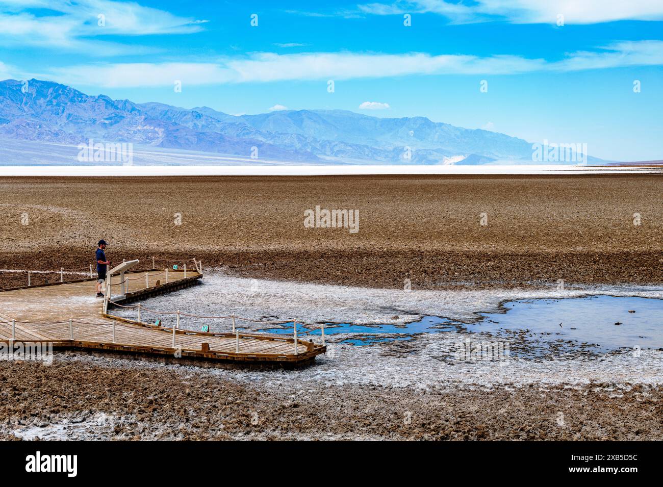 Visitor explores the salt flats and Badwater Pool at Badwater Basin ...