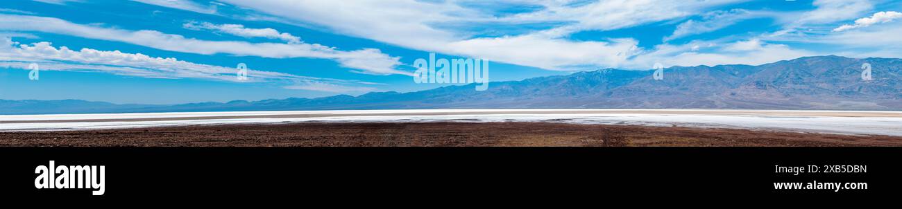 Panorama view; Badwater Basin; white salt flats; minus 282' below sea ...