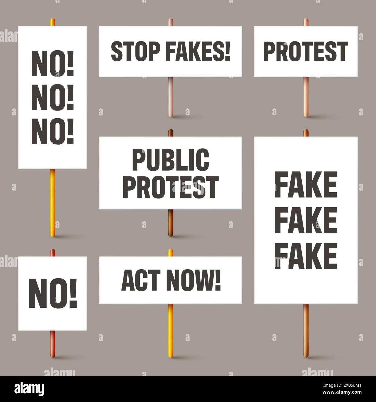 Blank white protest signs with text slogans on wooden holder. Various ...