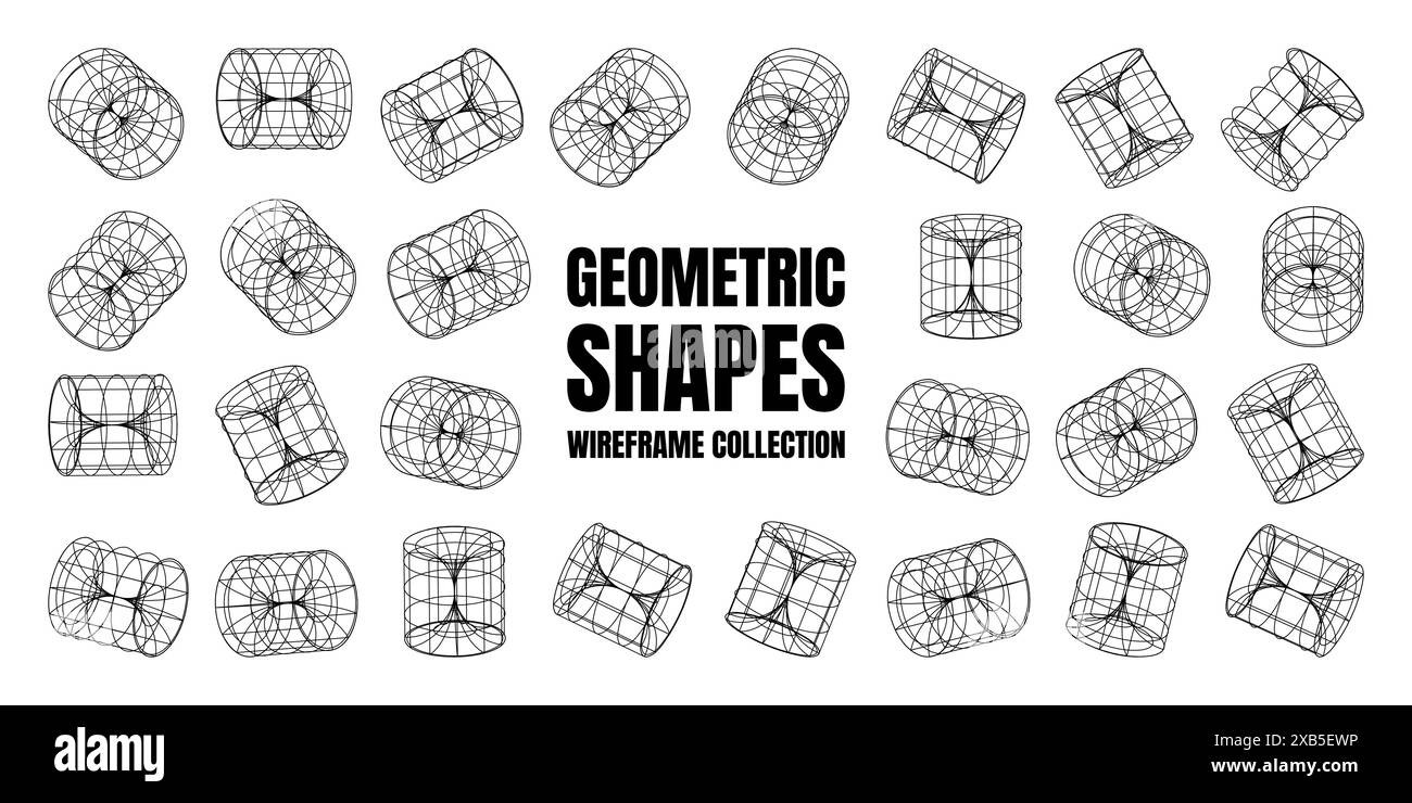 Wireframe lined shapes. Perspective mesh, 3d grid. Low poly geometric ...
