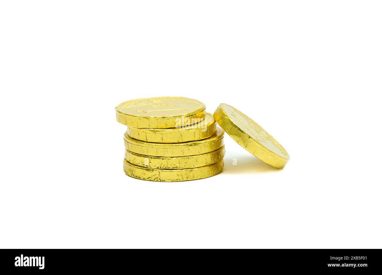 Pile of gold chocolate coins isolated on white background, stack of ...