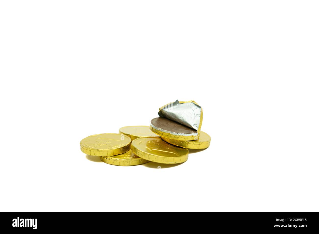Stack of chocolate coins isolated on white background copy space group ...