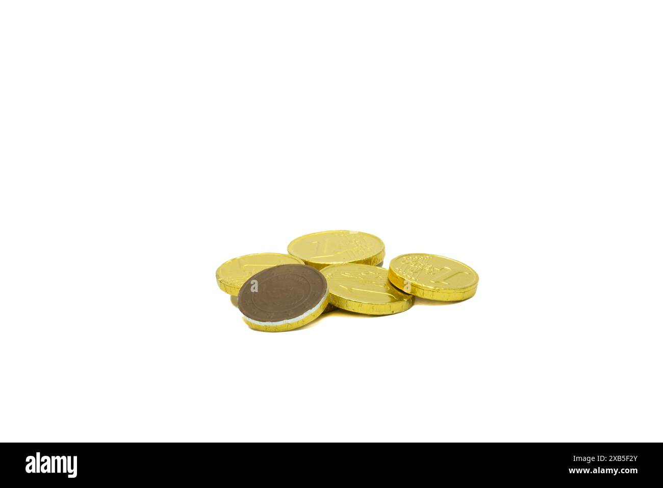 Stack of chocolate coins isolated on white background copy space group ...