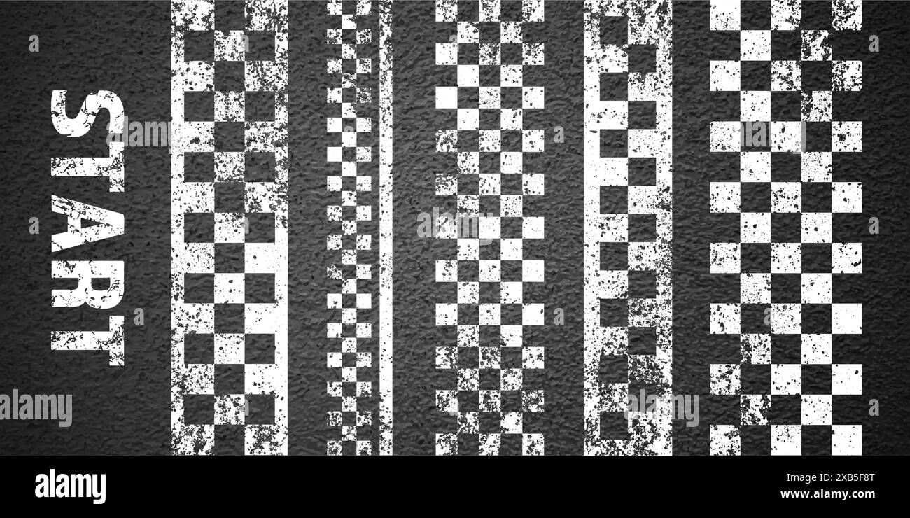 Asphalt road with white start or finish checkered line marking ...