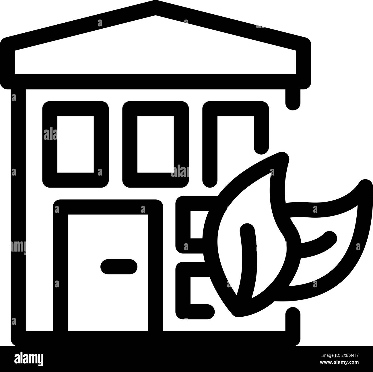 Simple icon depicting a building with leaves, representing eco friendly construction and ...