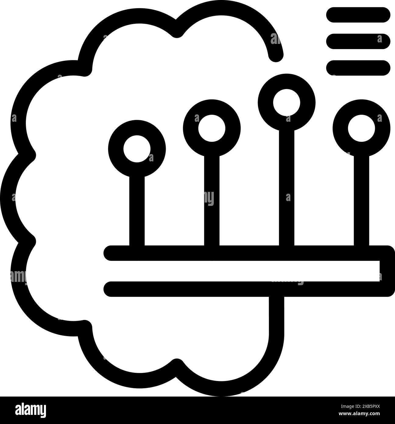 Black and white icon of a cloud with four pins increasing in size ...